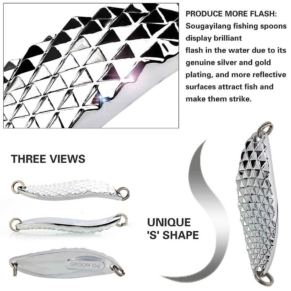 Sougayilang Spoons Hard Fishing Lures Treble Hooks Salmon Bass Metal Fishing Lure BaitsSILVER 5pcs