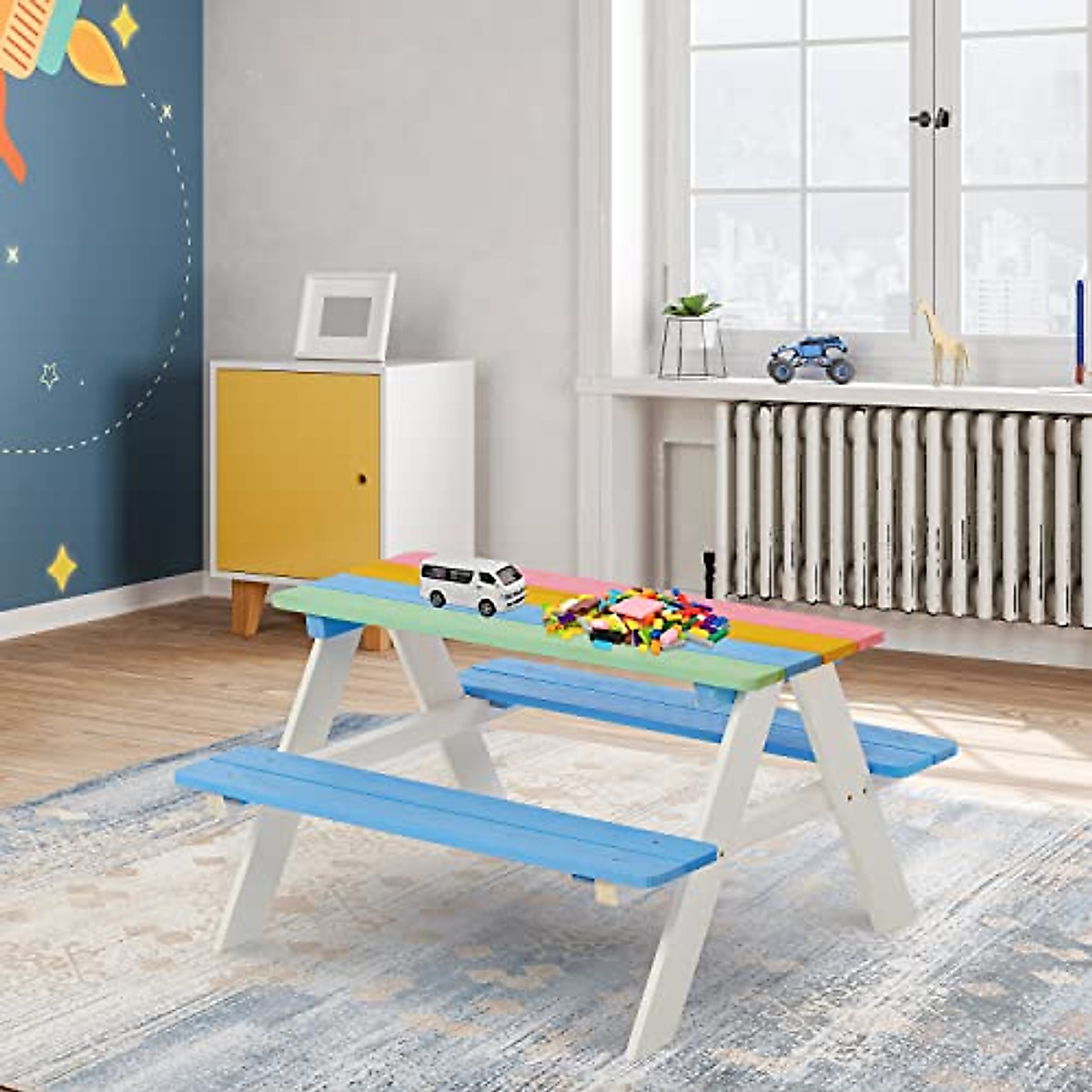 Mederra Rainbow Kids Picnic Table for Outdoor, Wooden Table & Chair Set, Kids Activity Sensory Table