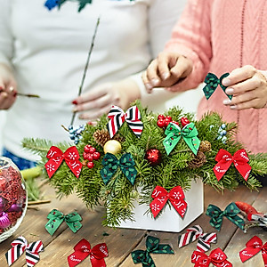 Syhood 150 Pcs Christmas Mini Bow Tiny Twist Tie Bow Handmade Craft Ribbon Bow Hair Small Bow Holiday Bow Craft Supply for DIY Sewing Party Decor (Red and Green,Patterned)