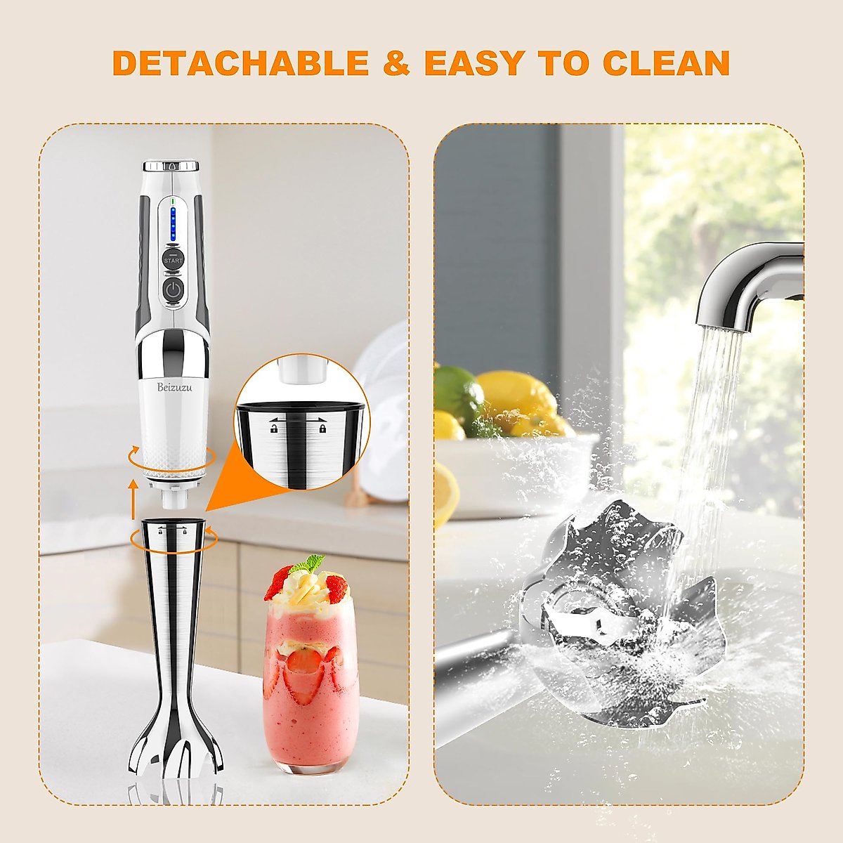 Cordless Hand Blender: 4-in-1 USB Rechargeable Immersion Blender, 21 Variable Speeds & 3-Angle Adjustable with 700ml Chopper, 700ml Beaker, Egg Whisk and Beater for Smoothies, Soup, Baby Food (White)