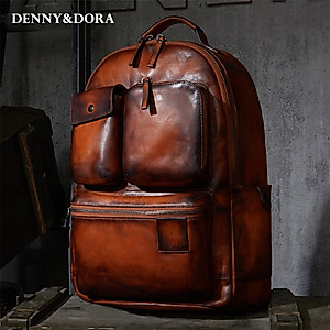Denny&Dora Genuine Leather Backpack Luxury Vintage Laptop Bag Multi Pockets Bookbag Mens Casual Travel Daypack Large Capacity (Brown)