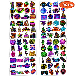 Neon Temporary Tattoos Theme Birthday Party Decorations Supplies Favors Decor 96 PCS 8 Sheets Cute Tattoo Stickers For Children Kids Boys Girls School Gifts Rewards Home Activity