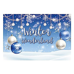 Funnytree 7x5ft Winter Wonderland Theme Backdrop for Blue Boy Baby Shower Birthday Party Christmas Snowflake Snow Landscape Photography Background Bokeh Glitter Pearl Banner Decoration Photo Booth