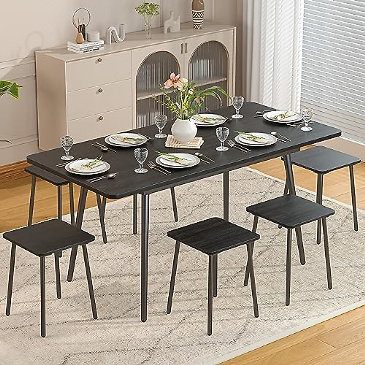 Qsun 7-Piece 63" Large Dining Table Set for 4-6 People, Extendable Kitchen Table Set with 6 Chairs, Dining Room Table with Round Corner for Small Space, Children Protective Design, Black