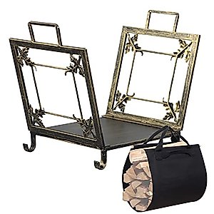 FEED GARDEN 21 Inch Firewood Rack Indoor with Canvas Log Carrier,Small Fire Wood Holder for Outdoor Wood Storage,Heavy Duty Iron Fireplace Log Holder,Bronze