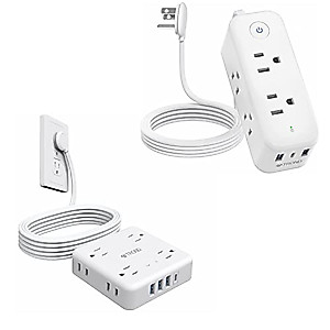 Flat Plug Power Strip - TROND 5ft Ultra Thin Extension Cord with 6 Widely Outlets and 3 USB Ports(1 USB C) + TROND 10FT Thin Flat Extension Cord 3 USB-A & 1 USB-C Port, 8 Widely-Spaced Outlets