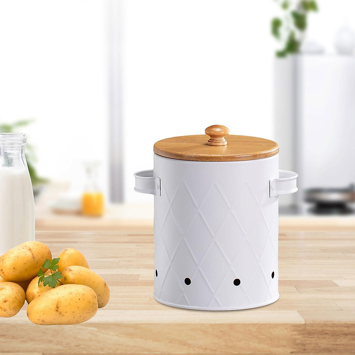 Bothyi Rustic/Farmhouse Potato Storage Canister, White Medium, Food Storage Container, Single, Ventilated & Portable, Rectangular Flip Top, 22.5cm x 22.5cm x 19.5cm