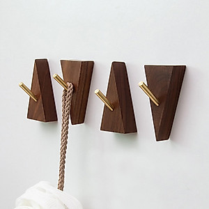 Wall Hooks Decorative Wooden Coat Hooks 2.95in Height, Small Walnut Wood and Golden Metal Hooks for Hanging Hats Towels Robe Clothes Keys Bags, Adhesive or Wall Mounted, 4 pcs