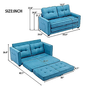 RIDFY Modern Convertible Sleeper Sofa Bed with Pull-Out Bed and Two Side Pockets, Chenille Loveseat Sleeper Sofa Couch for Living Room, Apartment, Office (Blue)