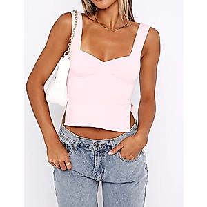 Lauweion Women Sleeveless Y2K Skinny Crop Tank Tops Strappy Ruched Sweetheart Neck Backless Slits Bustier Top Pink