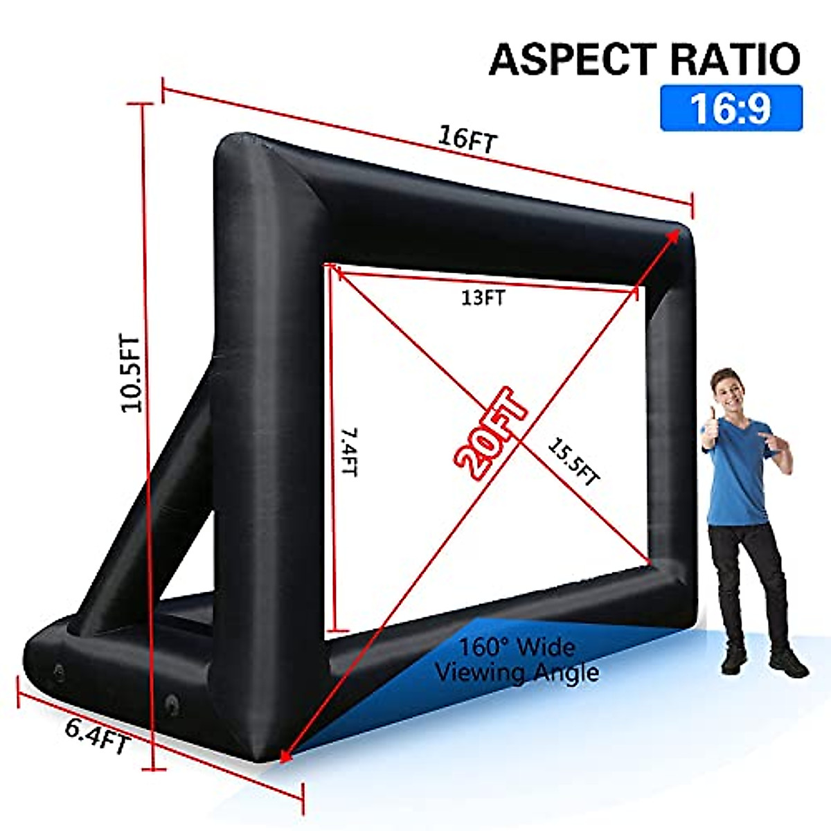 GZKYYLEGS 20 Feet Inflatable Outdoor and Indoor Theater Projector Screen - Includes Air Blower, Tie-Downs and Storage Bag - Portable, Supports Front and Rear Projection