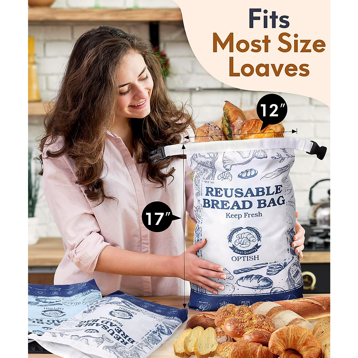 2 Pack Bread Bags for Homemade Bread, Reusable Sourdough Bread Bags for Fresh Keeping, Beeswax Bread Bags for Sourdough with Lining & Zipper, Freezer Safe & BPA Free, for Gift Giving, White & Blue