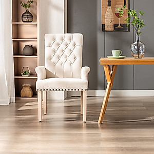 Dining Room Chairs with Arms,Tufted Upholstered High Back Nailed Trim with Untique Oak Wood Legs for Kitchen Restaurant Room Bedroom (Beige)