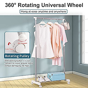 BAOYOUNI Single Rod Clothing Garment Rack on Wheels Metal Rolling Clothes Display Hanging Rail Coat Stand Storage Holder Organizer, Height Adjustable (Ivory)