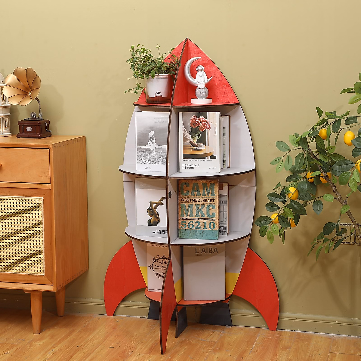 Lineshading Space Rocket Bookshelf Kids 4 Tier Wooden Toy Storage Organizer Display Cabinet Bookshelf Baby Toddler Book Shelves Book Rack for Girl Boy Playroom Classroom Nursery Living Room