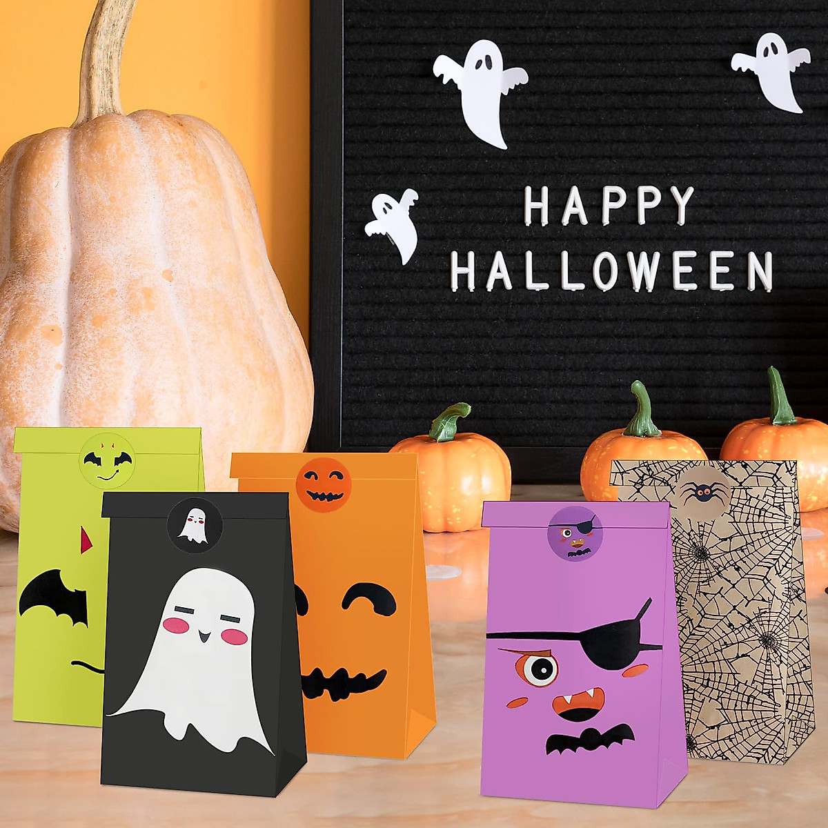 24 Pcs Halloween Treat Bags Set with Stickers, Assorted Paper Gift Candy Bags Including Ghosts, Cats, Pumpkins, and Spiders Designs for Trick-or-Treat, Goodie Bags, Party Favors, and Classroom Gifts