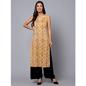 Bani Women Printed Sleeveless Kurta with Adjustable Shoulder Strap Ethnic Indian Ready to Wear Kurti for Girls Yellow