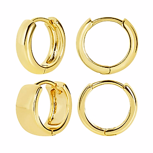 FAMARINE 2 Pairs 14K Gold Plated Hoop Huggie Earrings for Women, Minimalist Dainty Hoop Earrings