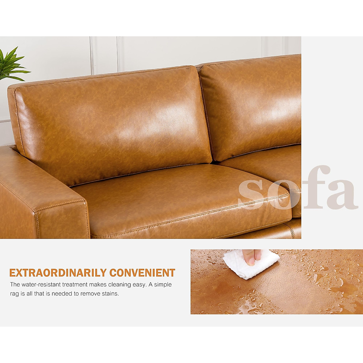 ABCASA 85" Faux Leather Couch with Padded Cushions, Mid-Century Modern Sofa with Extra Deep Seats, 3-Seater Sofa Couch for Living Room Apartment Lounge, Brown