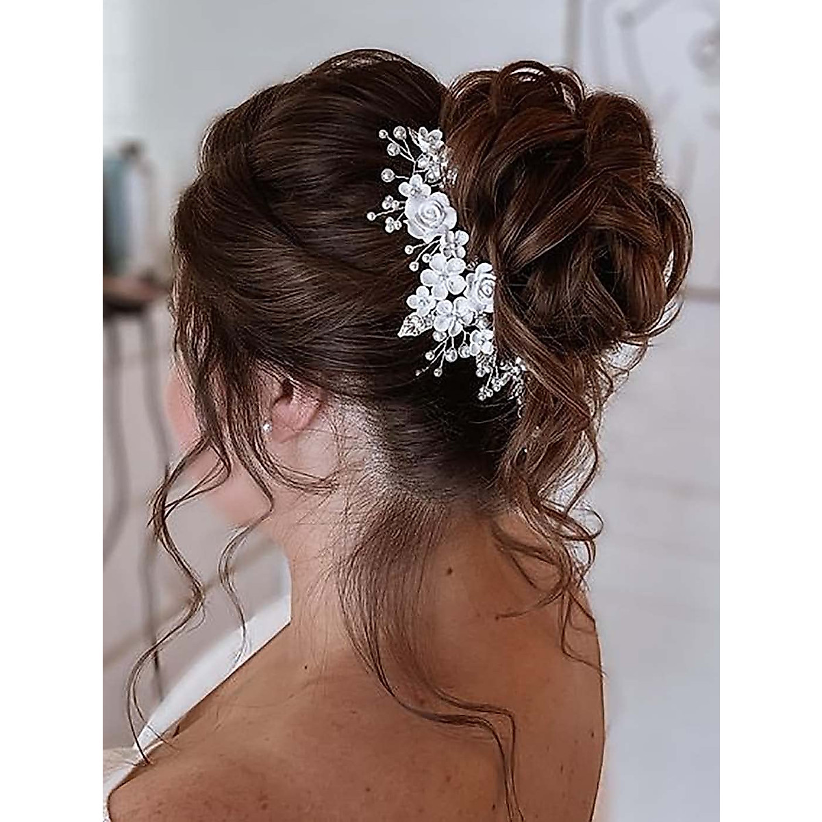 Unicra Flower Bride Wedding Hair Vine Pearl Bridal Hair Piece Leaf Hair Accessories Rhinestone Headband for Women and Girls (9inches) (Silver)