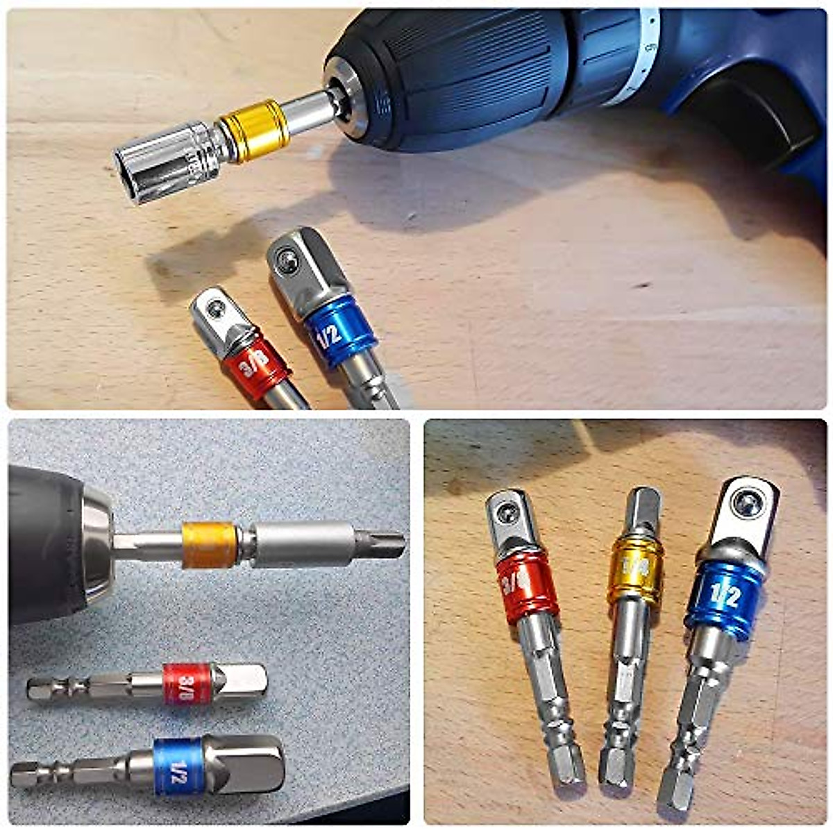 MAEXUS Impact Grade Socket Adapter Extension Set, Turns Power Drill Into High-Speed Nut Driver, 1/4" 3/8" 1/2" Drive, Socket to Drill Adapter for Impact Drivers (3 Pcs)