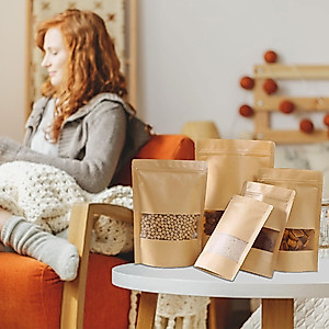 mortd 50Pcs Kraft Paper Sealable Bags with Window, Resealable Food Storage Pouch Stand Up Bags, Reusable Zip Lock Food Storage Bags Seal Paper Bag for Home Kitchen Packaging Products