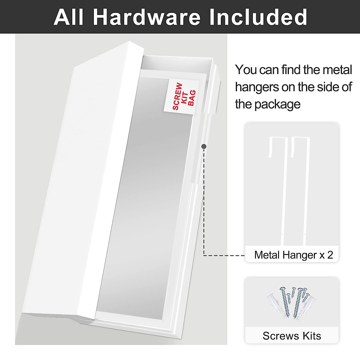 MIRUO Over The Door Mirror Full Length with Hanging Brackets, or Leaning Against Wall Mounted On Wall, Door, 44''x16'', White (JJ01398AAG- AM002)