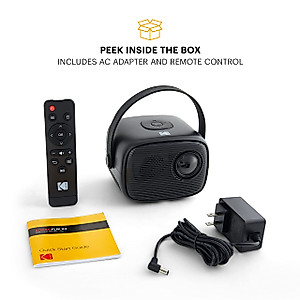 KODAK FLIK X2 Mini Pico Projector | Portable 100” Projector with Remote Control, Speakers & Carry Handle Plays Movies, TV & Games | Compatible with HDMI, USB, AV, MicroSD, Smartphone, Firestick, Black
