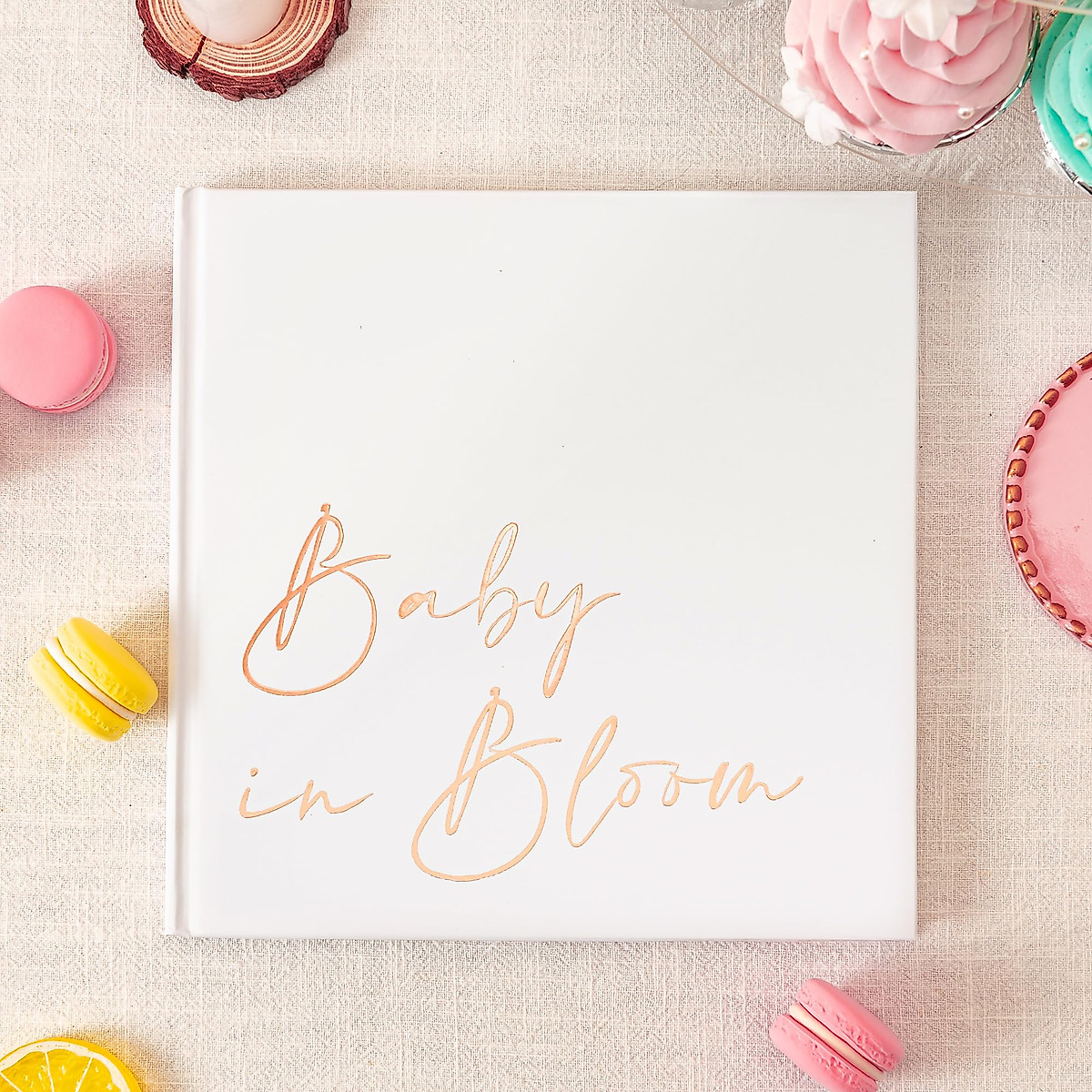 Calculs Baby in Bloom Picture Book Polaroid Baby Shower Guest Book Babies Scrapbook, White Cover, Rose Gold Foil Stamping, Blank White Pages