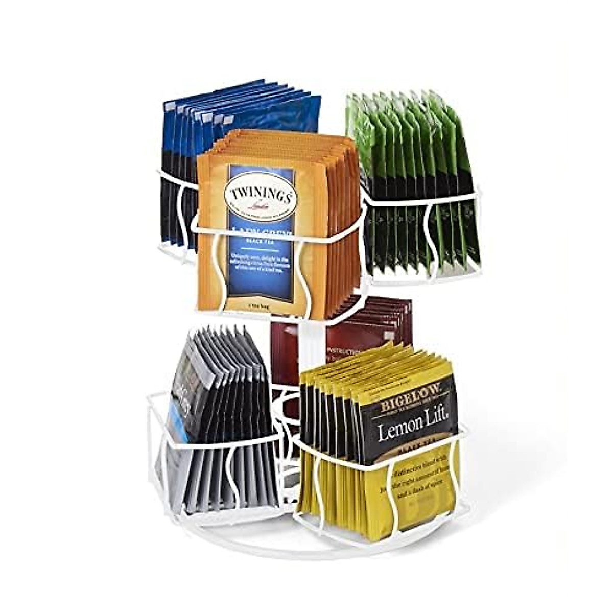 Nifty Tea Bag Spinning Carousel – 6 Compartments, Up to 60 Tea Bags Storage, Spins 360-Degrees, Lazy Susan Platform, Modern White Design, Home or Office Kitchen Counter Organizer