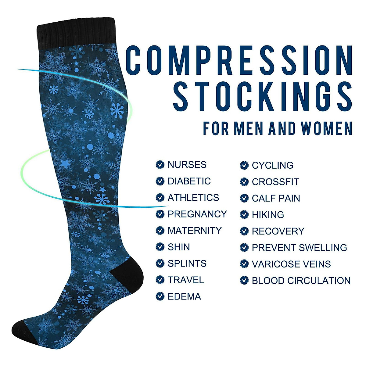 Kigai 1 Pair Winter Blue Snowflake Compression Socks 20-30mmHg Knee High Women Socks Tube Athletic Stockings for Men Sport Soccer Running Cycling Medical Nurse Winter Travel