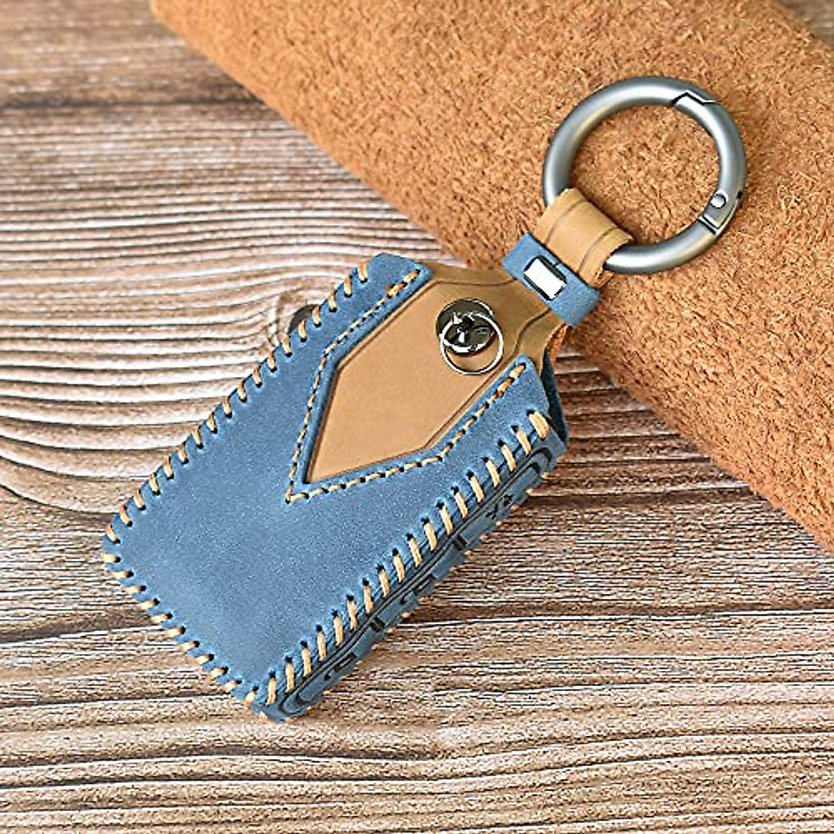 HIBEYO Leather Smart Key Fob Case Compatible with Volvo XC40 XC60 XC90 S90 V90 Car Key Fob Cover Remote Keyless Entry Full Protection Shell 2019 2021 Keychains Auto Accessories Holder Protector-Bule