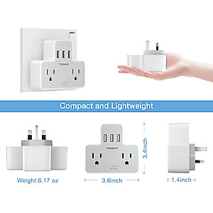 US to UK Plug Adapter, TESSAN Type G Power Converter with 2 Outlets 3 USB Charger, Ireland Travel Adaptor for USA to England Scotland Kenya Dubai London British Qatar Irish Hong Kong