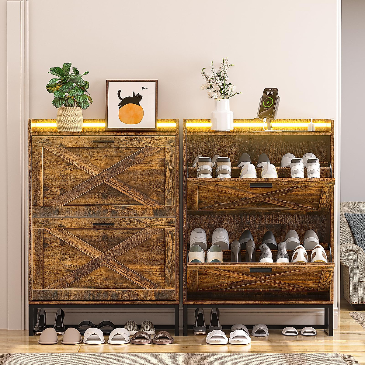 HAIOOU 2 Drawer Industrial Shoe Cabinet, Slim Freestanding Wood Shoe Rack Storage Organizer Stand with Flip Doors, Open Storage Shelf, Anti Toppling for 15-18 Pairs Rustic Brown