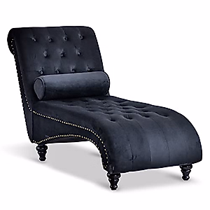 ONPNO Tufted Velvet Chaise Lounge Indoor, Leisure Accent Chair Upholstered Couch with Toss Pillow for Bedrooom Living (Black) 55.1D x 25W x 34.3H in