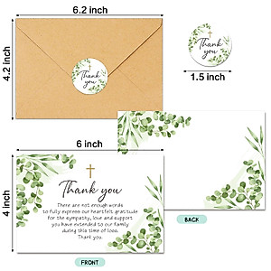 BYBOUS 50Pcs Funeral Sympathy Thank You Cards with Envelopes and Matching Seal Stickers, Green Leaf Cross Bereavement Card with Message for Memorial Service Loved Ones Celebration of Life