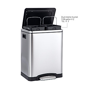 Amazon Basics 30L Dual Bin Soft-Close Trash can with Foot Pedal - 2 x 15 Liter Bins, Stainless Steel