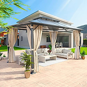 Aoxun 10'x13' Hardtop Gazebo, Outdoor Polycarbonate Double Roof Gazebo with Aluminum Frame Permanent Pavilion and Curtains & Netting for Backyard, Patio, Deck, Parties (Brown)