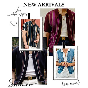 V VALANCH Men's Vintage Shirts Retro Stripes Polo Shirts Short Sleeve Button Closure Knitting Shirts