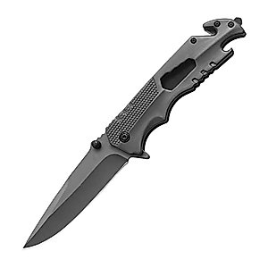 Link Knife Pocket Knife 5-in-1 Large Blade Cutting, Bottle Opener & No. 4 Wrench,Seatbelt Cutter, Glass Breaker for Emergencies, with Liner-Lock, Clip,Multifunctional Folding Knife, Gray