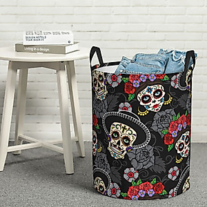 Gbuzozie Floral Skulls Round Laundry Hamper Day Of The Dead Storage Basket Toys Clothes Organizer Bin For Home Bathroom Bedroom Dorm Nursery, 38l