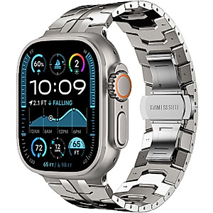 WINGLE Metal Band for Apple Watch Band Ultra 2/Ultra Band 49mm Men, Series 10 46mm, 9/8/7 45mm, SE/6/5/4 44mm, 3/2/1 42mm, Stainless Steel Bands with Folding Clasp iWatch Strap Link Bracelet, Titanium