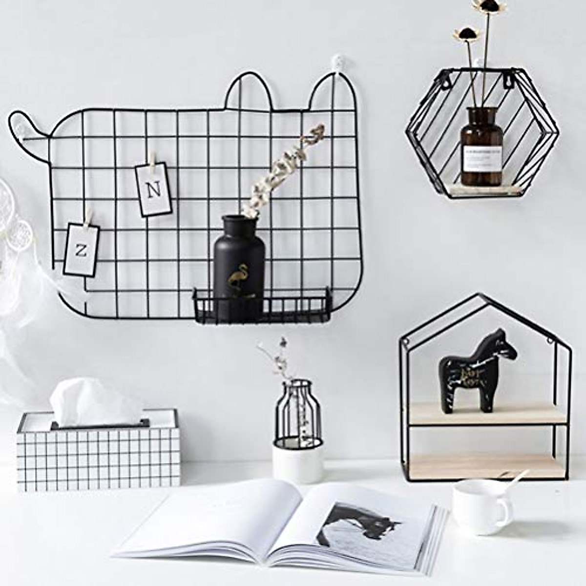 BESPORTBLE Grid Wall Panel Cat Shaped Photo Wall Display for DIY Wall Pictures Postcard Holder Storage Rack Black