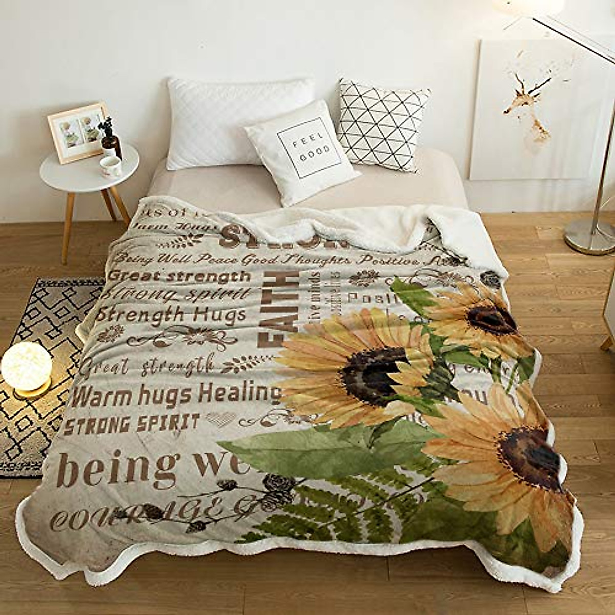 LBDOMOV Warm Hugs Positive Healing Throw Blanket, Sherpa Microfiber Comfort Caring Gift Throw - Sunflower Get Well Soon Gift for Women Men Patient Older Parent 39" x 49"