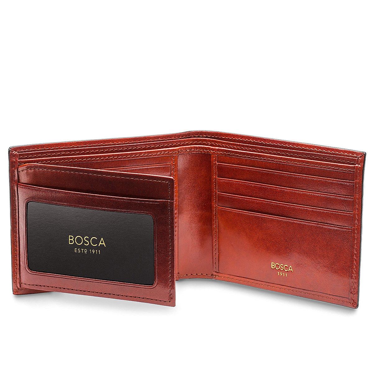 Bosca Men's Old Leather Bifold Wallet with ID Window and Card Slots - Italian Leather, Durable and Stylish, Cognac Brown