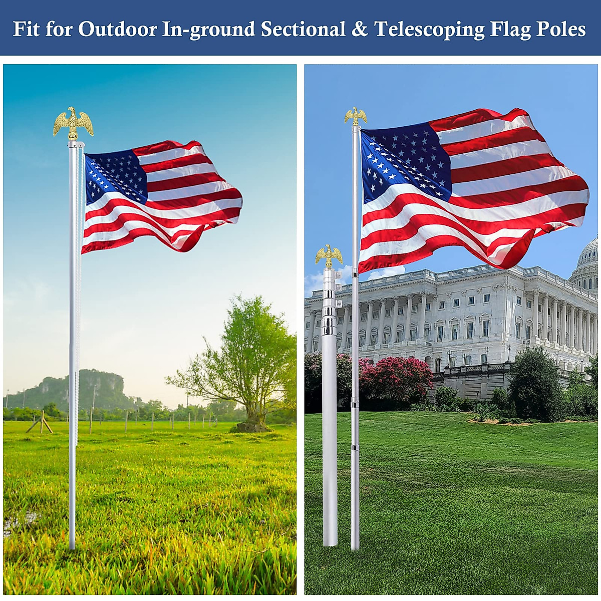 NQ Gold Flag Pole Eagle Topper Ornament, Aluminum Alloy Eagle Finial for 20'/25'/30' Telescopic/Sectional Flagpole（Gold,7inch）