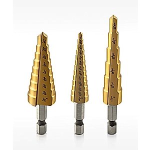 QWORK 3 Pcs Titanium Step Drill Bit Set, High Speed Steel, 1/8" - 3/4" Total 28 Sizes, HSS Multiple Hole Drilling Cutting with Storage Bag