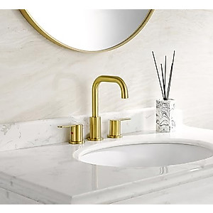 TimeArrow Brushed Gold 2 Handle 8 Inch Widespread Bathroom Sink Faucet with Pop-Up Drain, High Arc Modern Bathroom Vanity Lavatory Faucet 3 Holes with Brass 360° Swivel Spout, TAF830E-PB