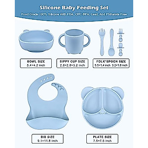 OFUN 8 Pack Silicone Toddler Feeding Set, Baby Led Weaning Supplies with Adjustable Bib, Divided Suction Plate, Bowl and a Sippy Cup, with 2 Spoon, 2 Folk, Eating Utensil for 6+ Months, Blue