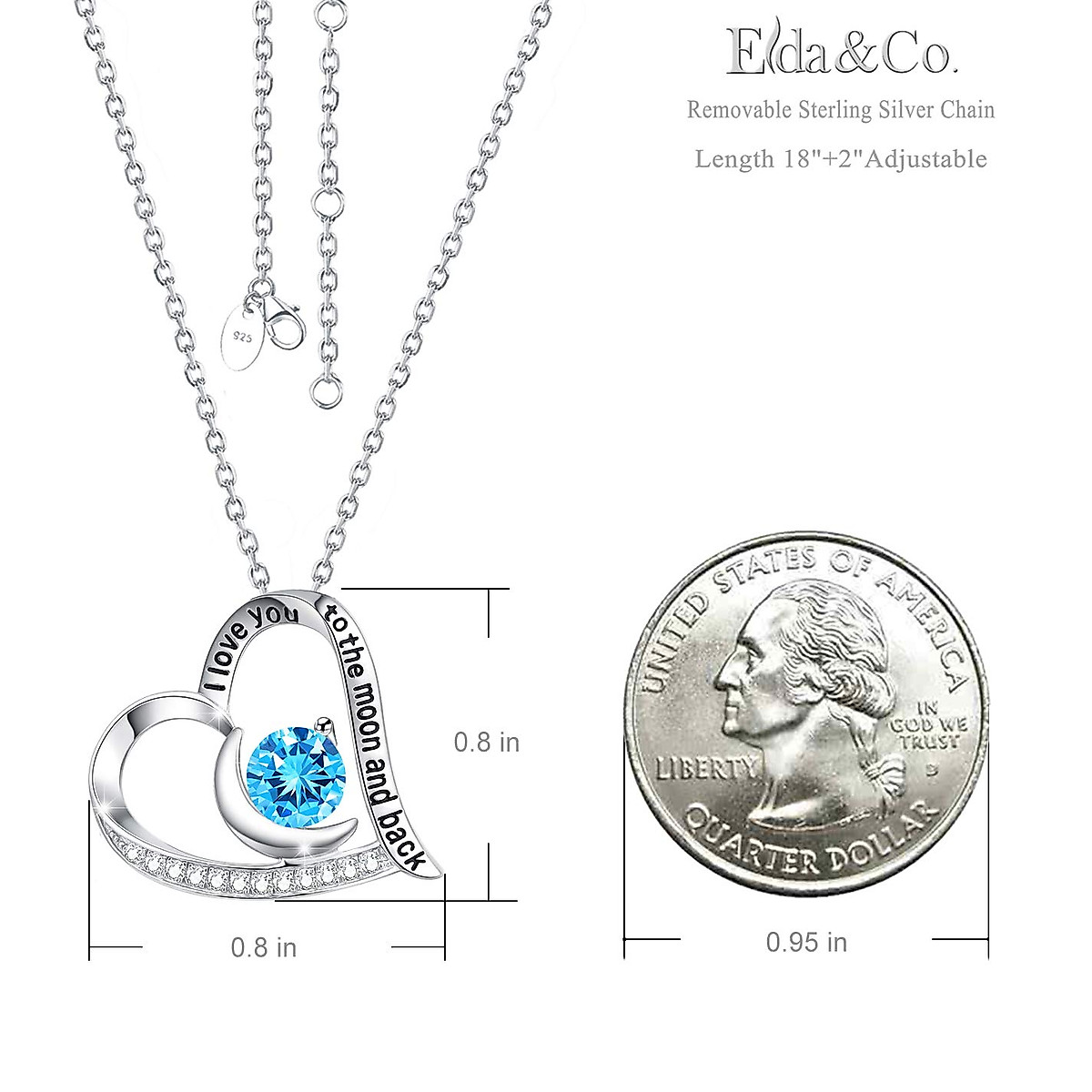 March Birthstone Jewelry for Wife Birthday Gifts Aquamarine Necklace Mom I Love You to the Moon and Back Necklace Women Her Sterling Silver